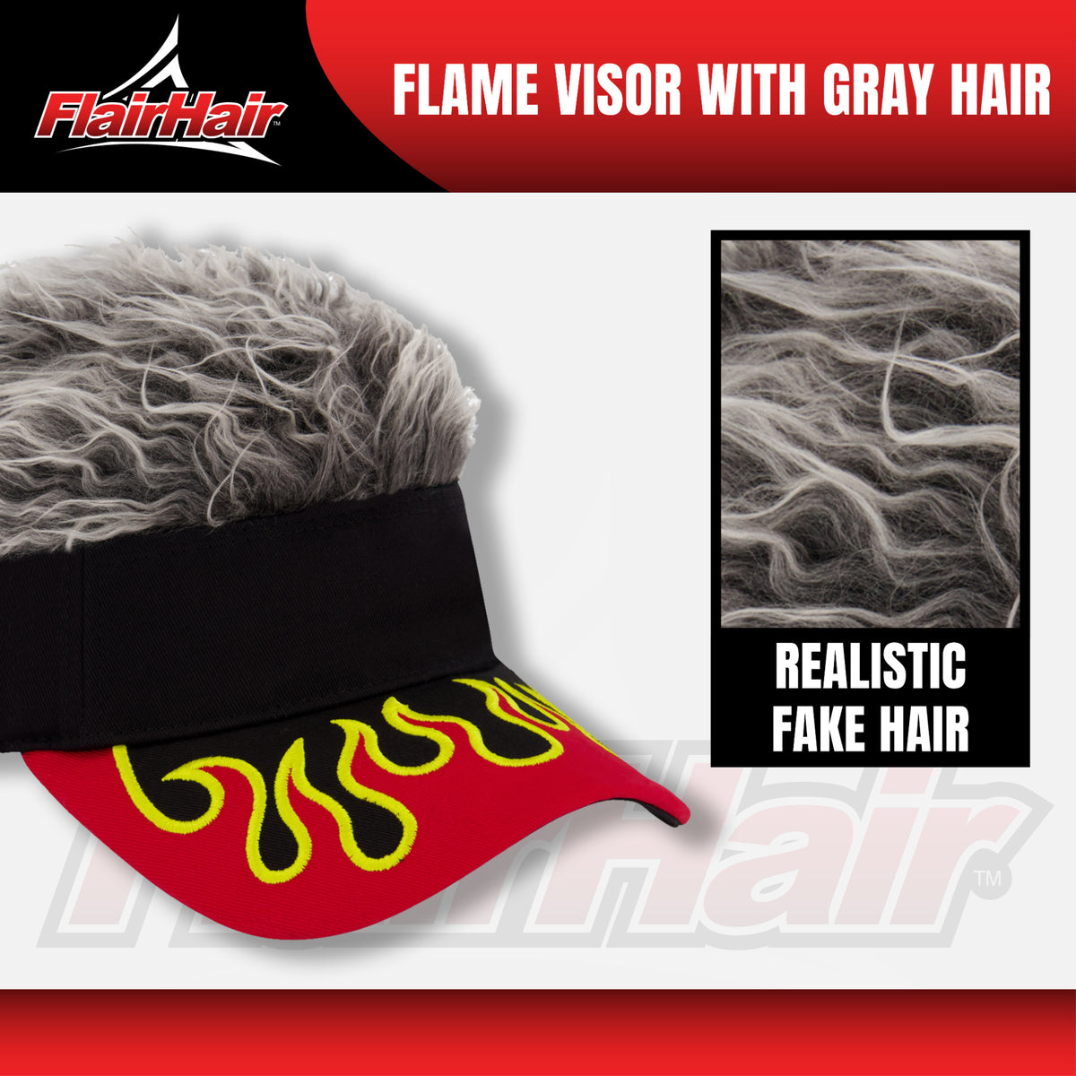 Flair Hair Sun Visor Cap with Fake Hair, Grey Hair with Red Adjustable ...